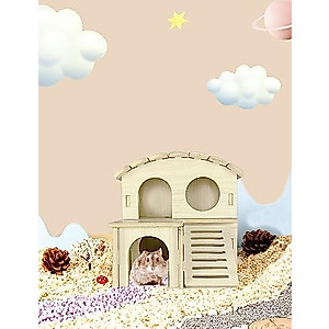 Sirvarni Hamster Hideout Cage Accessories - Hamster House and Habitat Wooden Hide Hut with Climbing Ladder and Platform for Dwarf Gerbils and Mouse Mice Rat Other Small Animals etc.