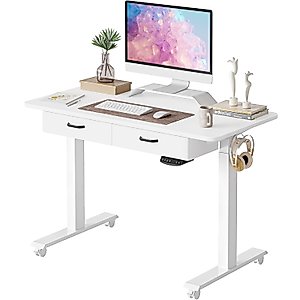 BANTI 48'' Adjustable Height Electric Standing Desk with Double Drawer, Stand Up Home Office Desk with Splice Tabletop, White