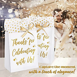 25 Pack Wedding Gift Bag with Tissue Paper - Gold Wedding Gift Bags for Hotel Guests, Welcome Bags for Wedding Guests Bulk, Wedding Gift Bags for Hotel Guests, Wedding Welcome Bags, Thank You Gift Bags Medium Size (8"L x 4.5"W x 10"H, White)