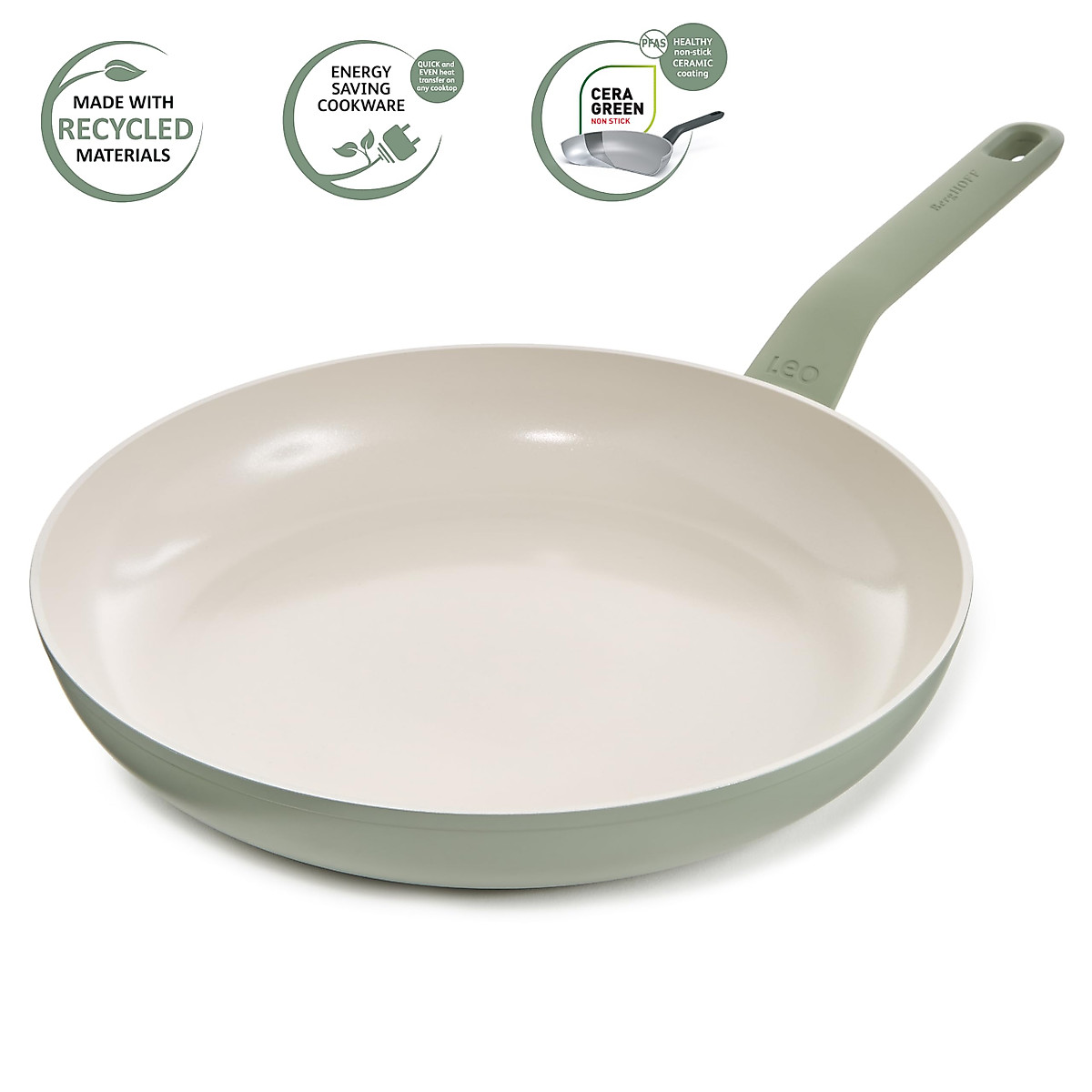 Berghoff Balance Non-stick Ceramic Frying Pan/Skillet 12", Recycled Aluminum, Non-toxic, CeraGreen Nonstick Coating, Stay-cool Handle, Induction Pan, 100% Sustainable, Sage