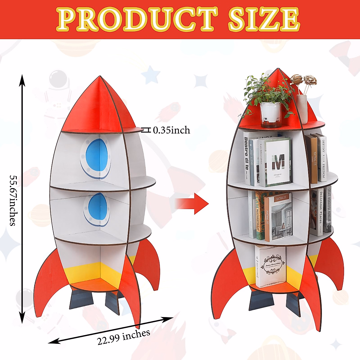 Lineshading Space Rocket Bookshelf Kids 4 Tier Wooden Toy Storage Organizer Display Cabinet Bookshelf Baby Toddler Book Shelves Book Rack for Girl Boy Playroom Classroom Nursery Living Room