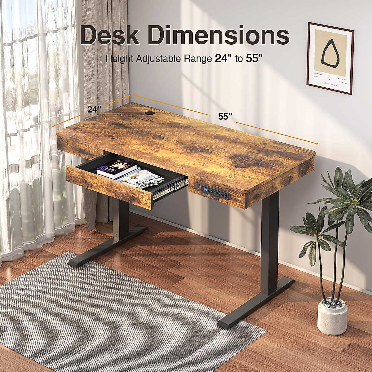 AIMEZO 55'' Standing Desk with Drawers Stand Up Electric Standing Desk Adjustable Height, Sit Stand Desk Computer Workstation with Storage, USB Charging, Computer Desk for Home Office,Rustic Brown