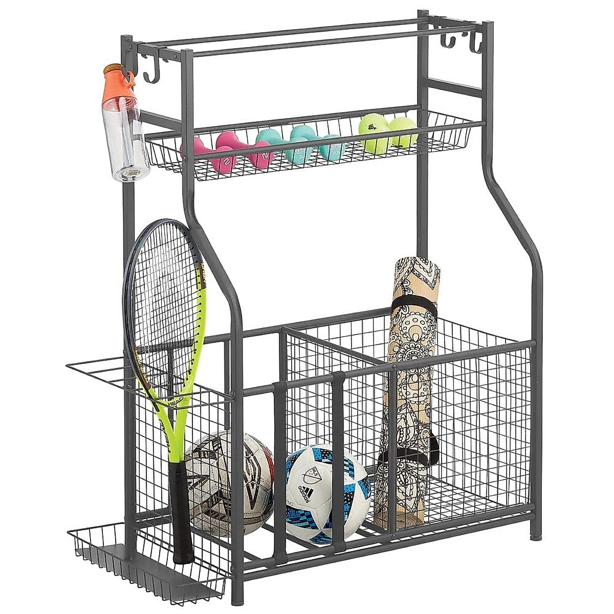 mDesign Metal Heavy Duty Garage Storage System Rack with Top Shelf, Multi-Purpose Sporting Goods Storage with Multiple Compartments, Baskets and Hooks - Holds Equipment, Balls, Bats - Graphite Gray