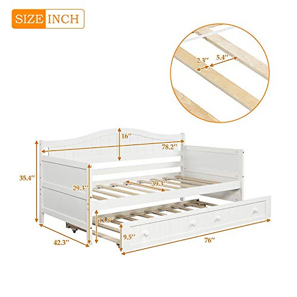 Lifeand Twin Wooden Daybed with Trundle Bed, Sofa Bed for Bedroom Living Room,White
