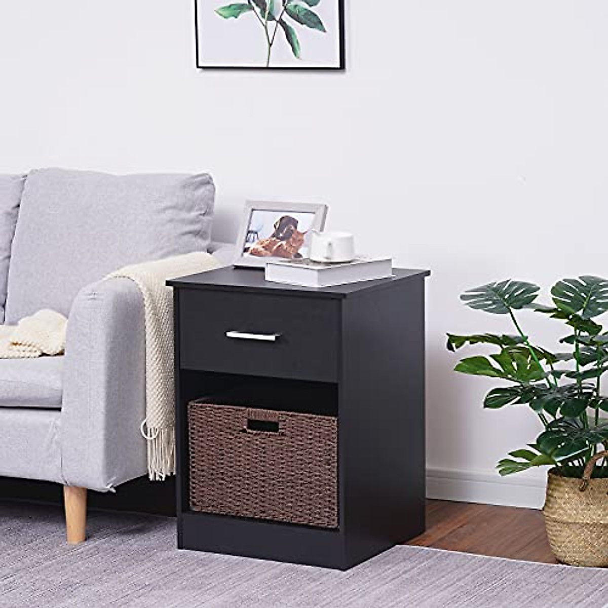 Reettic Wooden Nightstand Set of 2, End Table with Sliding Drawer and Opening Shelf, Sofa Bedside Table for Bedroom, Black RCTG101B02