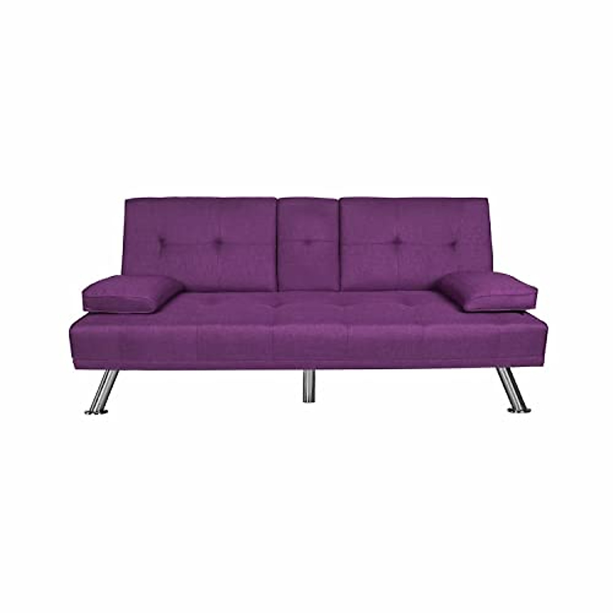 Eafurn Convertible Futon Bed, Soft Upholstered Loveseat Adjustable Sleeper, Button Tufted Sofa & Couch with Removable Pillow Top Armrests and 2 Cup Holders, Purple Polyester A