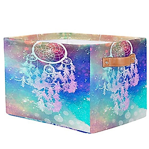 Pardick Large Collapsible Storage Bins ,Dreamcatcher Nebula Decorative Canvas Fabric Storage Boxes Organizer with Handles，Rectangular Baskets Bin for Home Shelves Closet Nursery Gifts