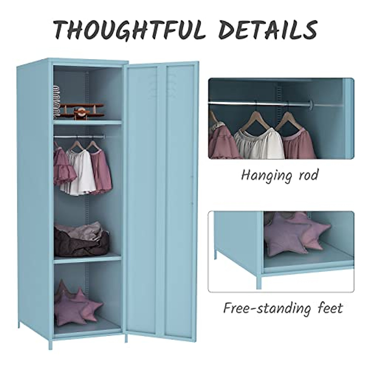 Sweiko Metal Locker Cabinet Storage Cabinet Locker for Bedroom School Classroom Single Door Steel Locker for Toys and Clothes with Hanging Rod and Shelves Blue