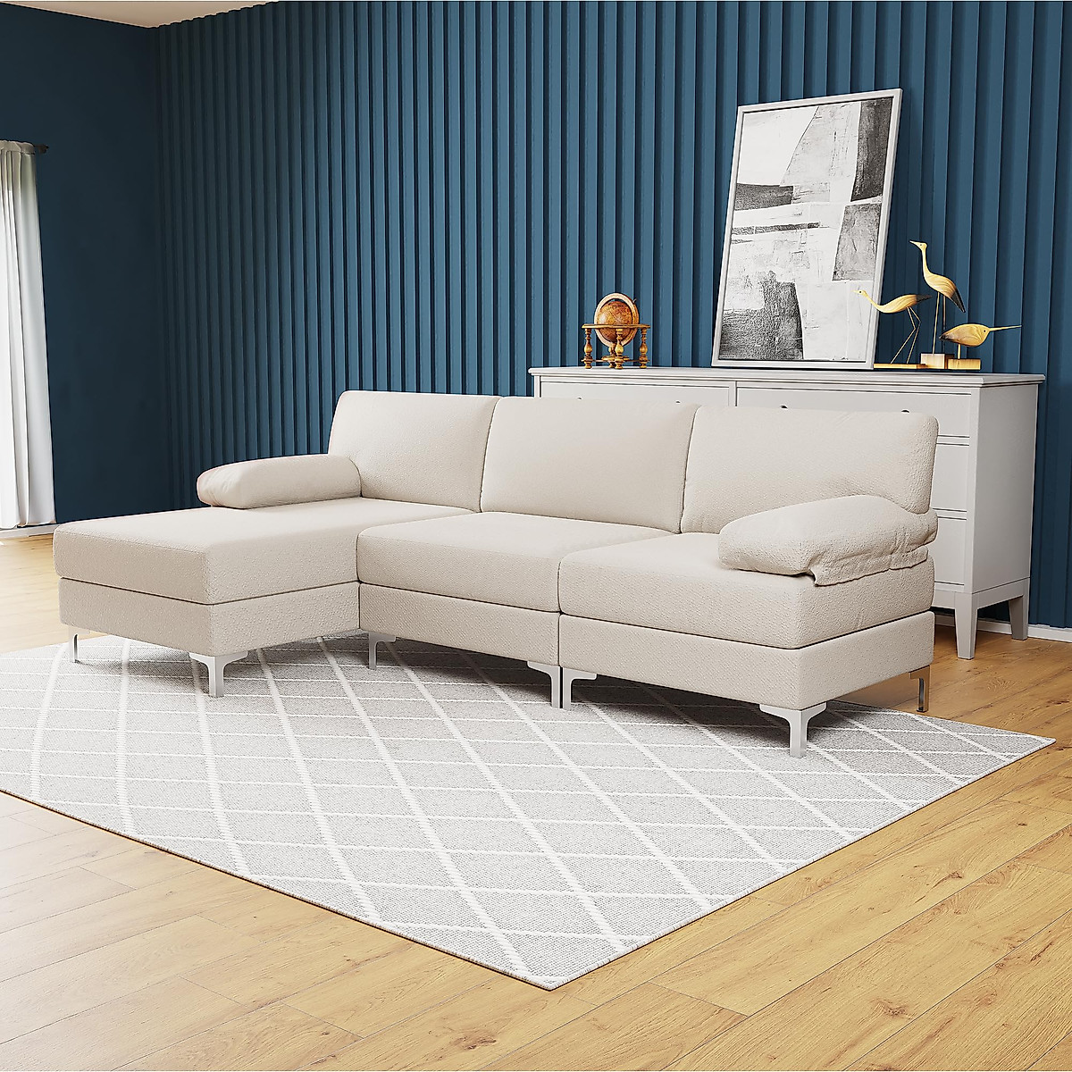 Casa Andrea Milano BOUCLÉ L-Shape Sectional Sofa, Luxury Couch with Extra Wide Chaise Lounge, Couch for Living Room Apartment Lounge, Cream Boucle