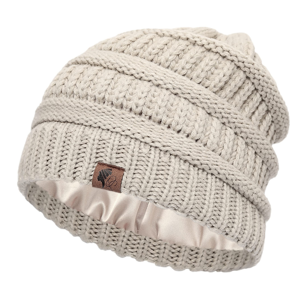 Olivia Sylx Chunky Satin Lined Beanie for Women - Winter Hat - Warm Slouchy Knit Beanie - Beige