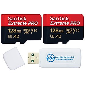 SanDisk Extreme PRO (UHS-1 U3 / V30) A2 128GB MicroSD Memory Card (2 Pack) for GoPro Hero9 Camera (Hero 9 Black) SDSQXCY-128G-GN6MA Bundle with (1) Everything But Stromboli SD & Micro SDXC Card Reader