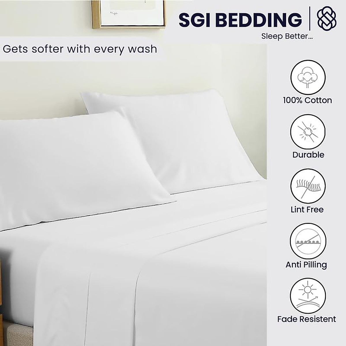 SGI bedding Luxury 4 Piece Egyptian Cotton Sheets King Size - 1000 Thread Count, 100% Cotton Sheets, 15" Deep Pocket Sheet Set, Breathable, Soft and Premium Cotton - White