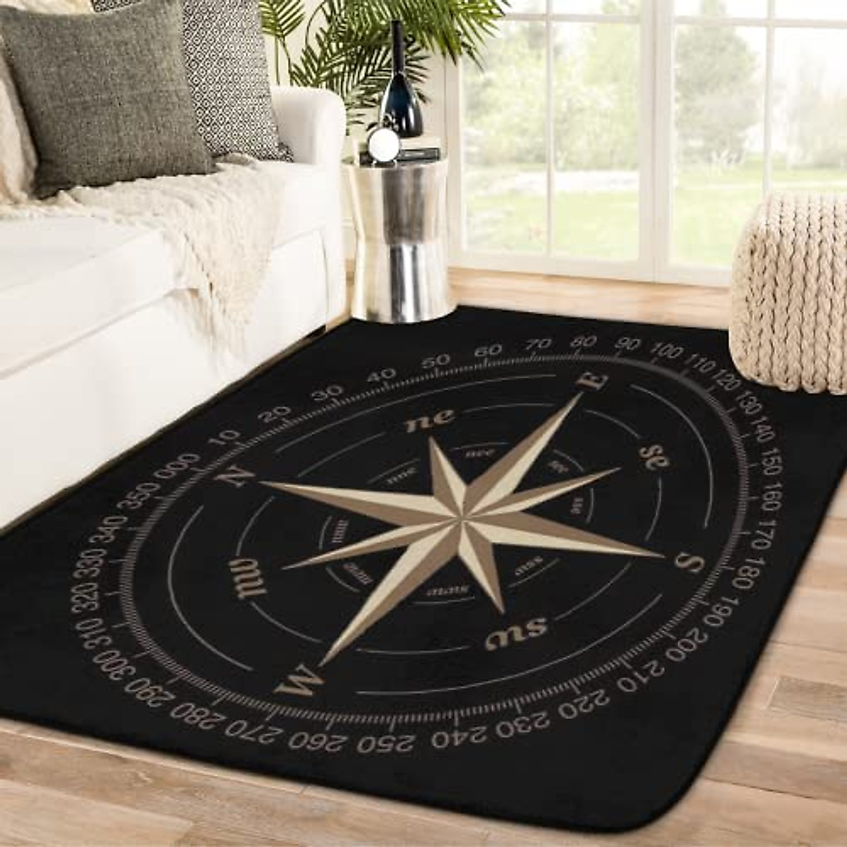 Compass Rose Area Rug, 5'x7', Artwork Black Washable Indoor Outdoor Rug Carpet Door Mats for Front Porch, Patio, Kitchen, Farmhouse, Entryway, Living Dining Room