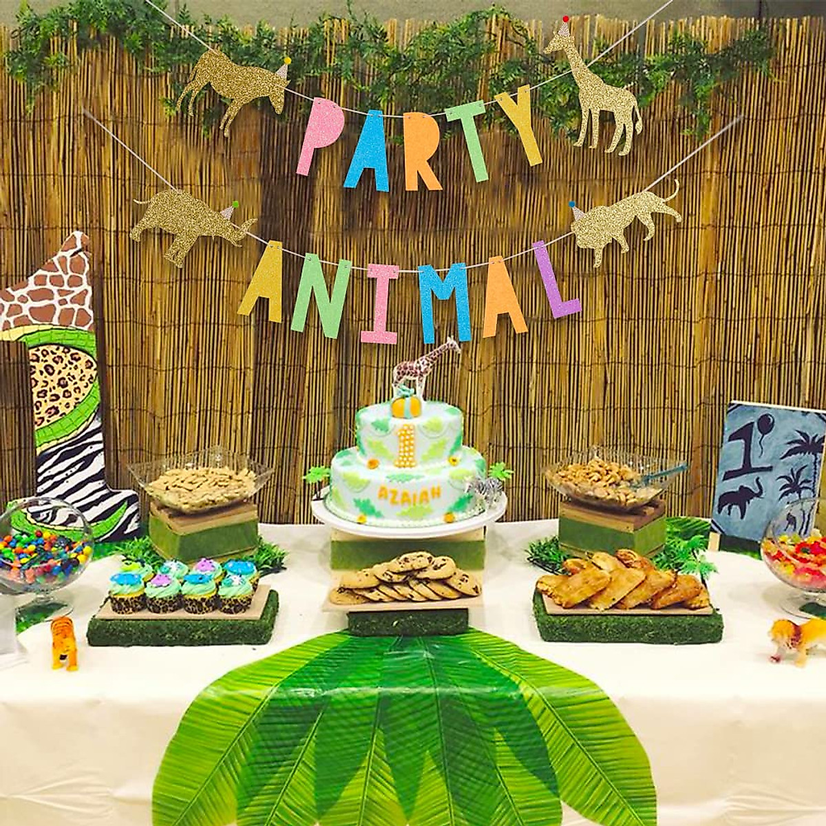 WAOUH Party Animal Birthday Banner for Baby - Zoo Party Decor,Circus Party Decor for Baby Showers,Glittering Photo Props,Jungle Safari Animal Party Supplies
