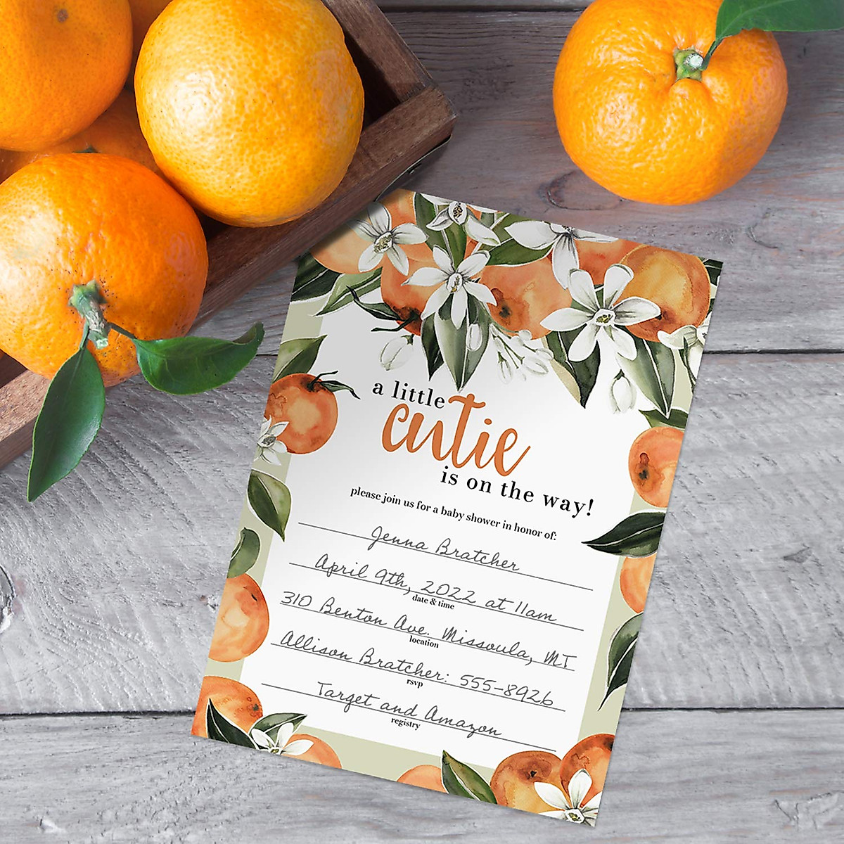 Little Cutie Baby Shower Invites / 25 Baby Shower Invitation Cards With White Envelopes / 5" x 7" Citrus Clementine Fruit New Baby Party Invitations/Fill In Gender Neutral Invite Cards
