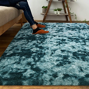 DweIke Fluffy Modern Area Rugs for Living Room Bedroom, 3x5 ft Plush High Pile Rug for Kids Girls Room Nursery Home Decor, Upgrade Non-Slip Girls Bedroom Soft Indoor Rug, Tie-Dyed Peacock Blue