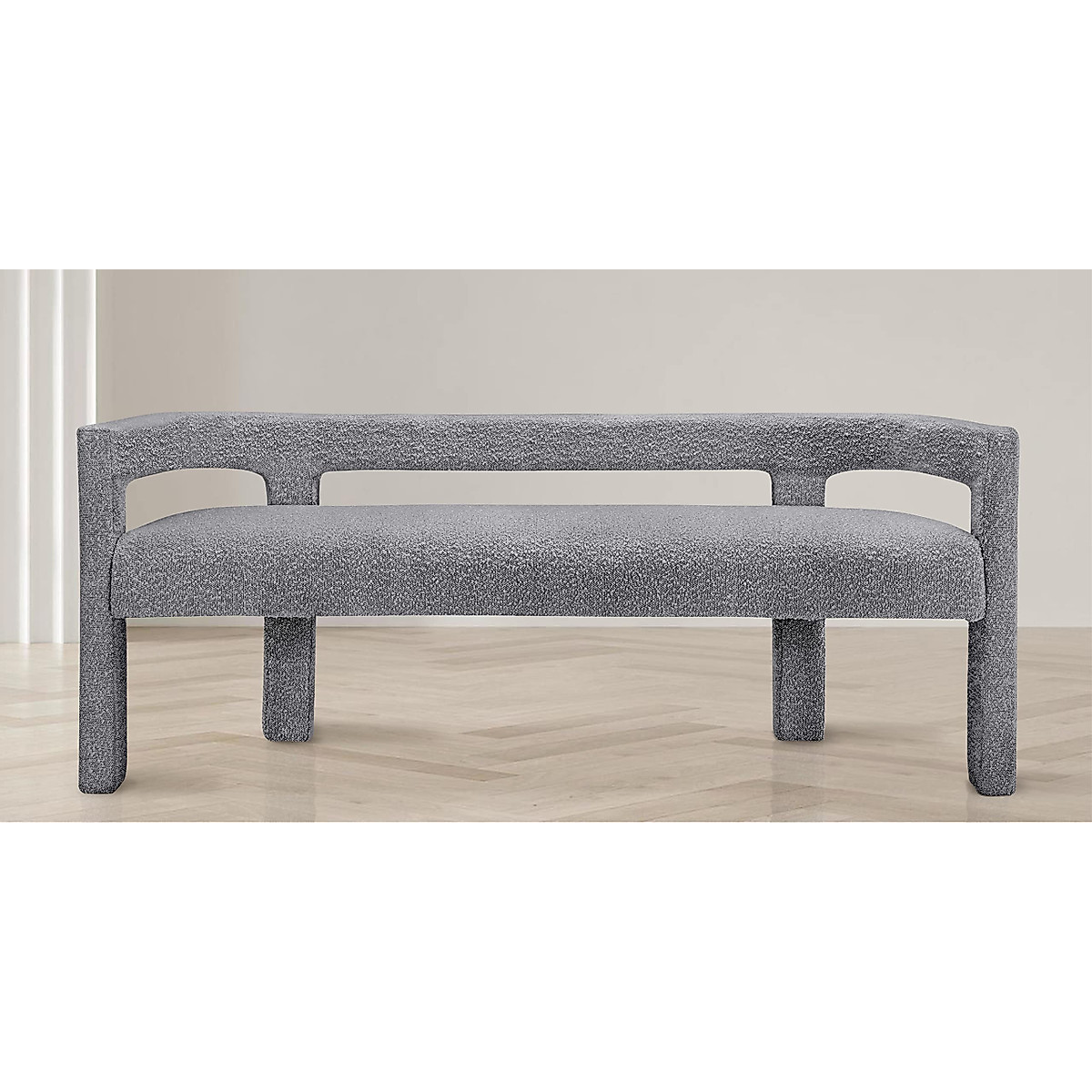 Meridian Furniture Athena Collection Modern | Contemporary Boucle Fabric Upholstered Bench, 66.5" L x 21" D x 27" H, Grey