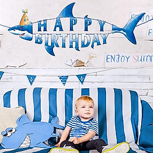WERNNSAI Shark Happy Birthday Banner - Shark Party Decorations for Kids Boys Pre-strung Shark Birthday Banner Ocean Theme Party Supplies Beach Under The Sea Theme Party Hanging Wall Decor