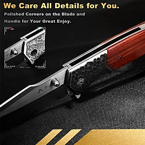 A+ Choice Pocket Knife Sharp Folding Knives - 4" 440C Stainless Steel Clip Point Blade with Pocket Clip, Wood Handle, Glass Breaker - Best Camping Hiking Fishing Work Knofe