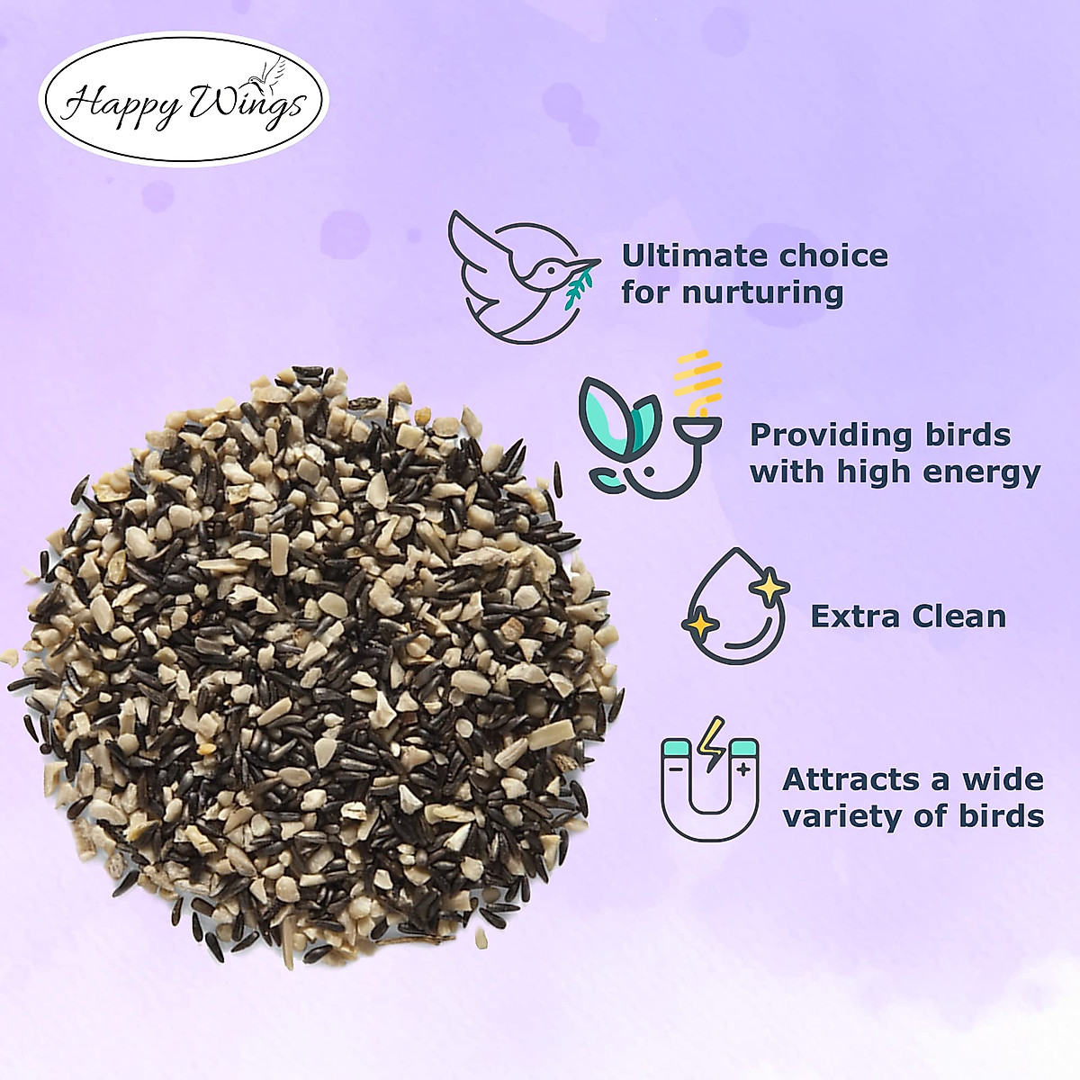 Happy Wings Finch Blend Bird Food, Mix of Sunflower Hearts/Kernels and Nyjer Seed, 5 Pounds | No Grow Seed | Bird Seed for Wild Birds