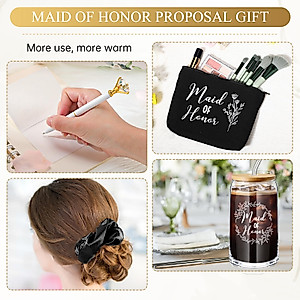 Umigy Bridesmaid Maid of Honor Glass Cup Gift Box Set of 5 Glass Cup with Lid Makeup Bag Scrunchies Hair Tie Diamond Ballpoint Proposal Gift with Raffia for Wedding (Black, White)