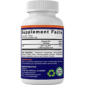 Vitamatic Folic Acid 1000 mcg (1 mg) - Vegetarian Tablets - 1667 mcg DFE - Vitamin B9 (240 Count (Pack of 1))