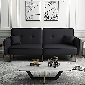 LCH Loveseat Futon, Convertible Sleeper Sofa Couch Bed in Cotton Linen Fabric for Living Room Bedroom Dorm Apartment Studio, Wood Legs, Black