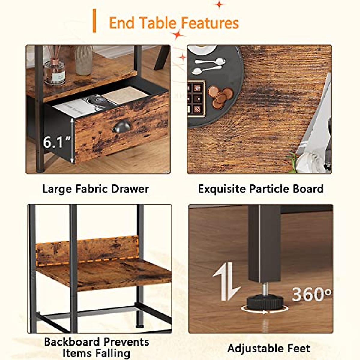 Furologee Set of 2 Nightstand with Drawer, End Table with Storage Shelf, Industrial Side Sofa Table, Bedside Accent Furniture Metal Frame Easy Assembly for Living Room/Bedroom/Hallway, Rustic Brown