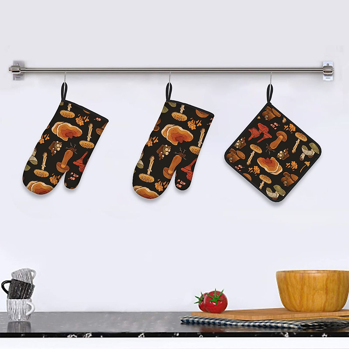 Mushroom Oven Mitts and Pot Holders Sets, Funny Kitchen Heat Resistant of 500 Degrees, Pure Cotton Hot Pads and Oven Mitts Sets for Baking,Cooking,BBQ Grilling(3Pcs Set)…