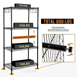 Catalina Creations 4-Shelf Wire Shelving Unit, Metal Storage Shelves, Heavy Duty Shelving with Liners, Adjustable Height Storage Rack for Pantry Closet Kitchen Garage (23.6" W x 14" D x 47" H, Black)