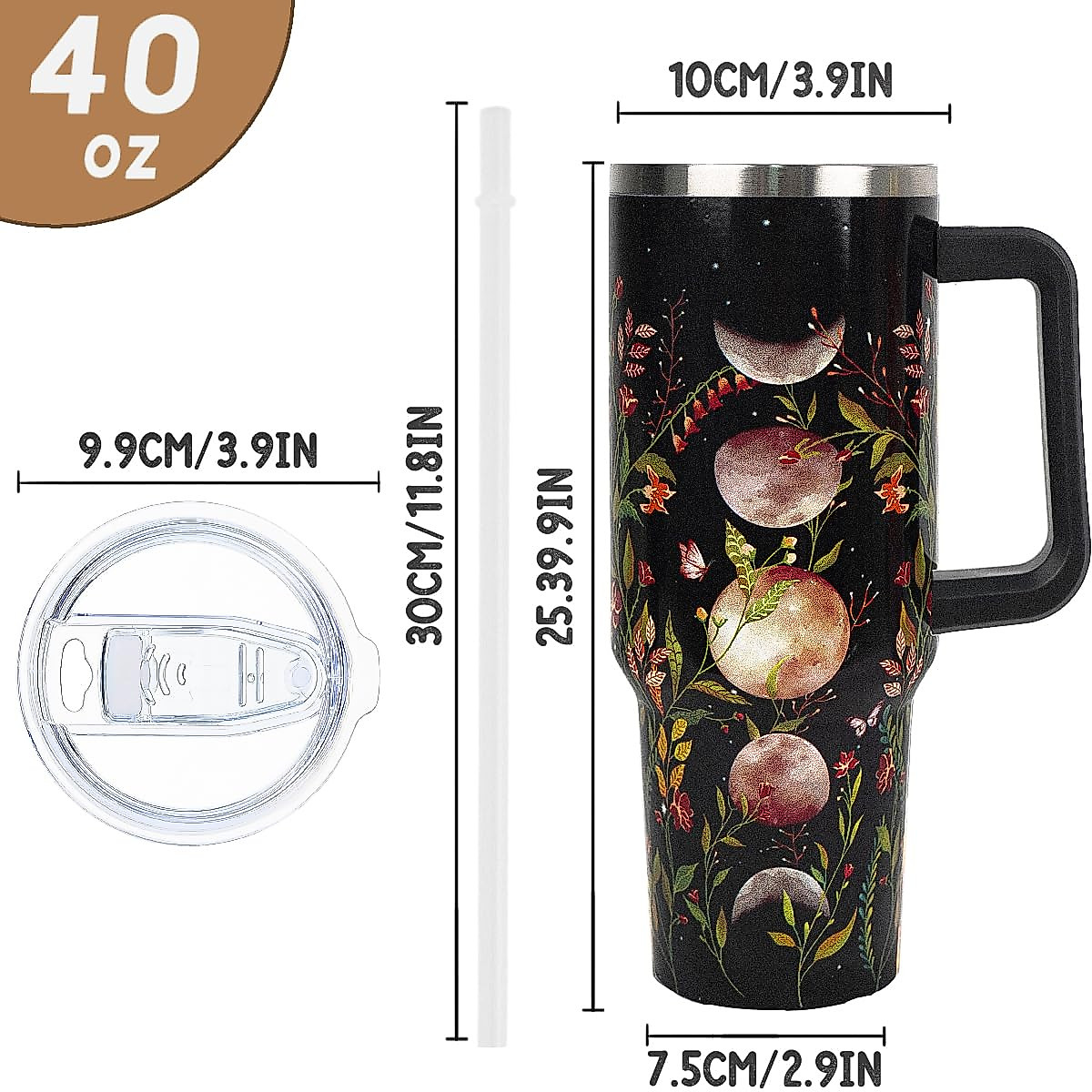 Rcvlauf 40 oz Tumbler with Handle and Straw Goth Tumbler Leak Proof Insulated Cup 40 oz Gothic Flower Moon Coffee Travel Mug Witchy Decor Stuff Goth Gifts for Women