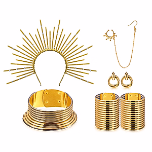 5 Pcs African Vintage Gold Flamboyant Jewelry Set Egypt Choker Bracelet African Nose Rings Hoop Chain Earrings Crown Headpiece Sunburst Spiked Headband for Women Costume Accessories Theme Party