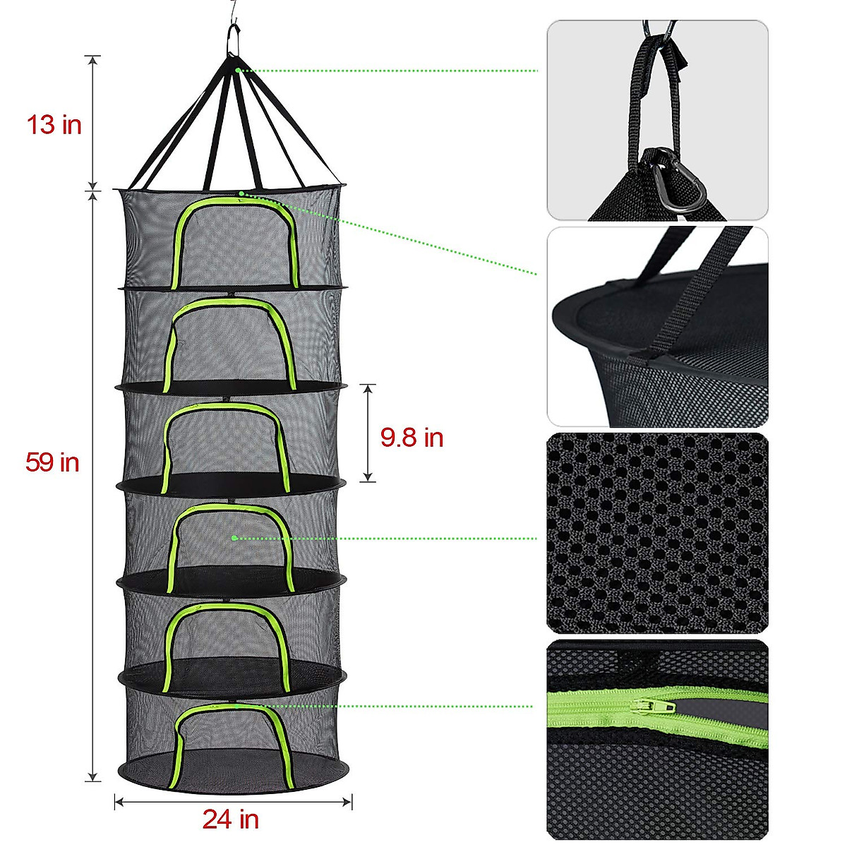 PROTITOUS 6 Tier Black Mesh Zippered Herb Drying Rack Hanging Dryer Dry Net with Pruning Shear for Hydroponics