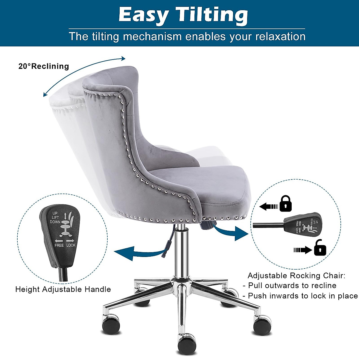 VINGLI Grey Velvet Armless Home Office Desk Chair with Gold Base/Wheels, Small Cute Vanity/Makeup Chair with Back for Bedroom, Upholstered Adjustable Rolling Swivel Nail Chair for Women/Girls