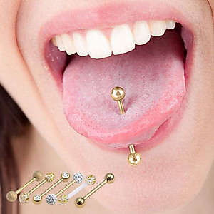 CrazyPiercing 12Pcs Stainless Steel Tongue Ring Barbell Retainer Body Piercing Jewelry 14G (Gold Pack)