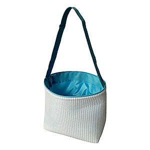 SONA G DESIGNS Seersucker Stripe Fabric Easter Basket Bucket Tote Bag - Toys Egg Collecting (Aqua with Embroidered Name)