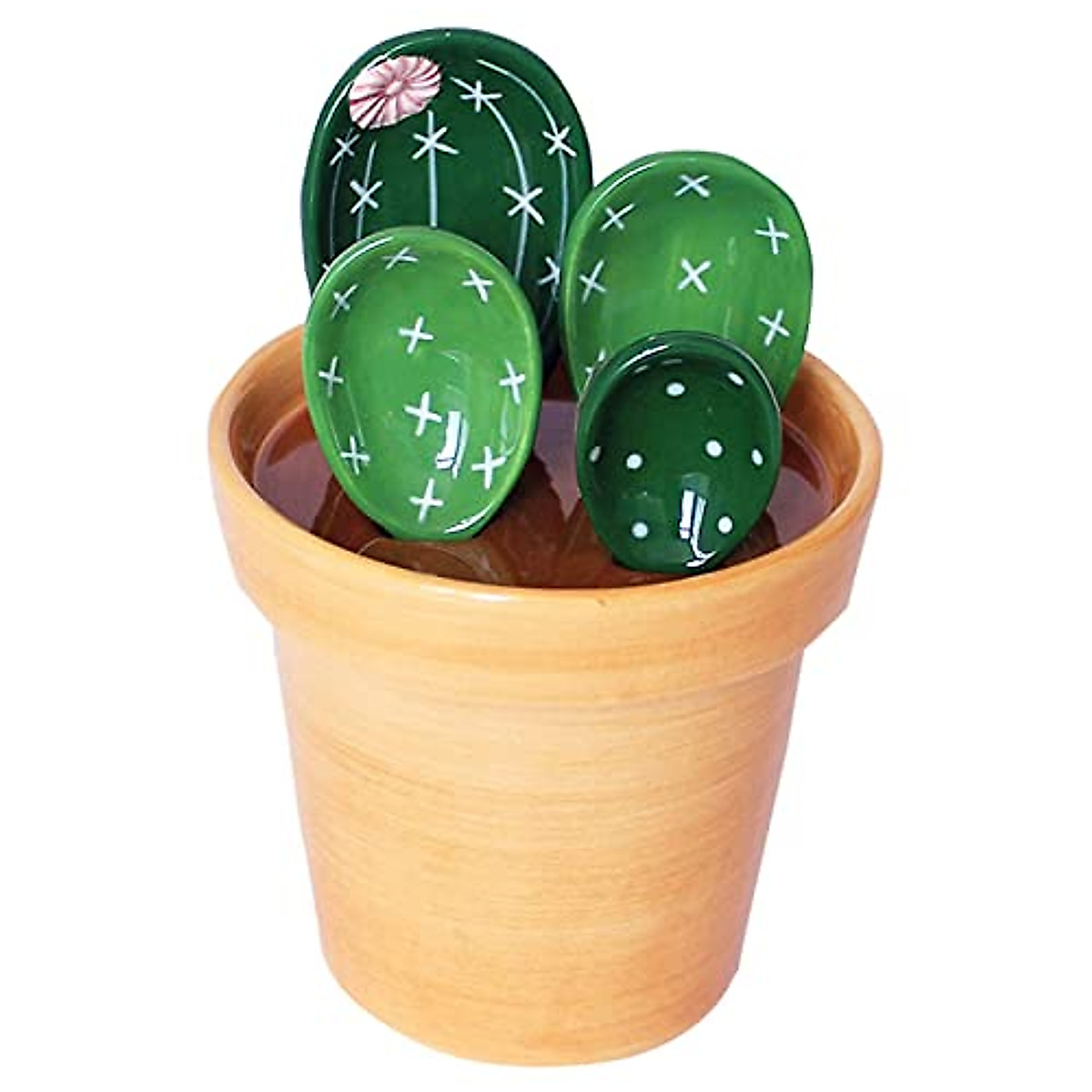 Ceramic Cactus Measuring Spoons and Cups, Cute Measuring Spoons Set in Pot, Cactus Shape Kitchen Decor Small Measuring Spoons (Green)