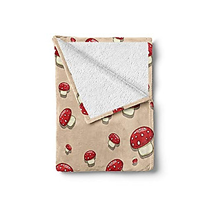 Ambesonne Mushroom Throw Blanket, Woodland Themed Illustration of Spotted Toadstool Summer Season Forest Cartoon, Flannel Fleece Accent Piece Soft Couch Cover for Adults, 50" x 60", Ivory Red Tan