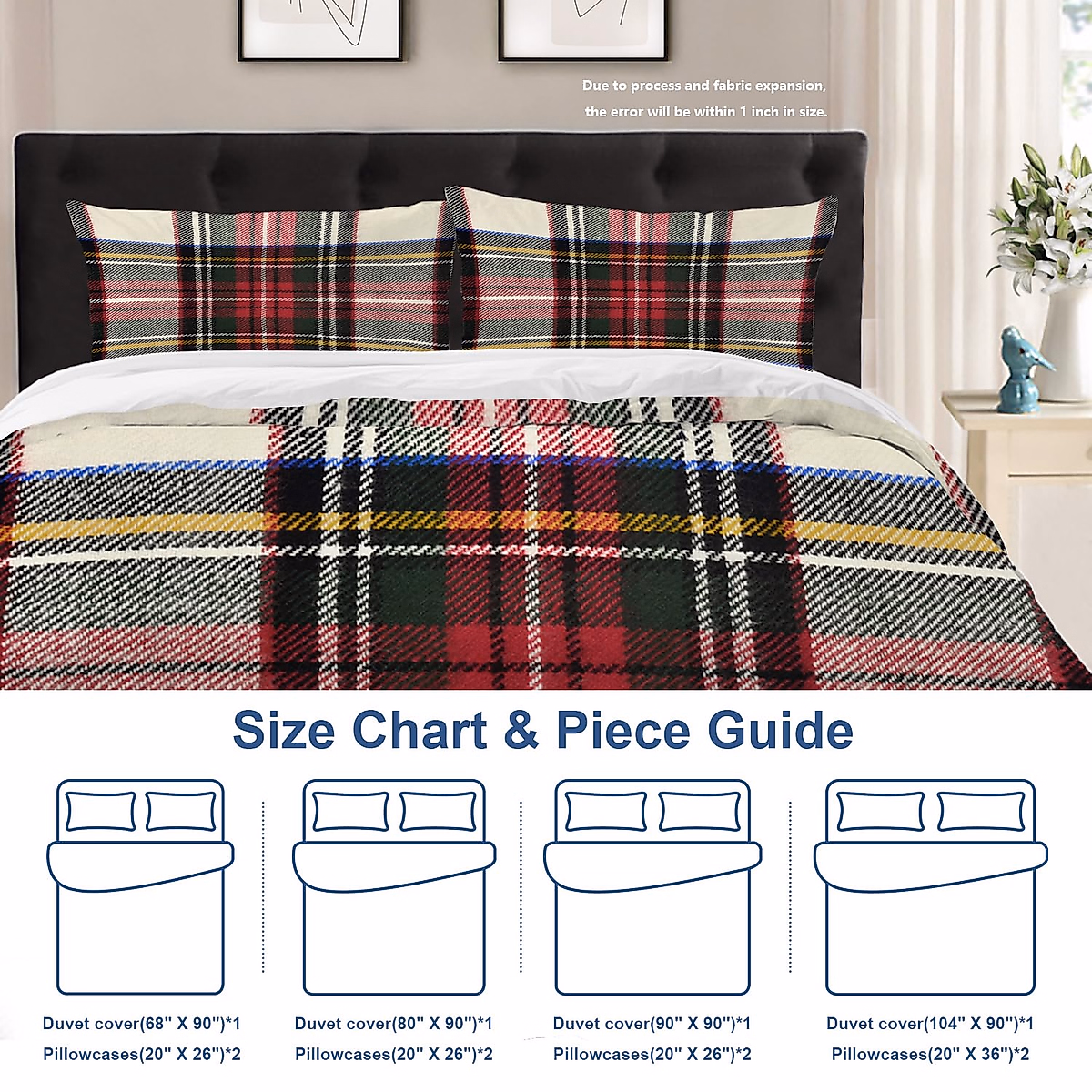 Batmerry Scottish Tartan King Size 3 Pieces Bedding Comforter Sets,Soft Fluffy Square Green Wool Plaid Pattern Printed PolyesterDuvet Cover for All Season