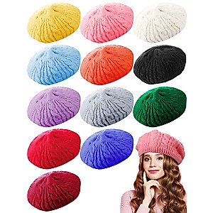 12 Pieces Crochet Tam Hat for Women Crochet Knit Beret Solid Color Beret Hat Winter Beanie One Size Slouchy Hat for Women (Bright Color)