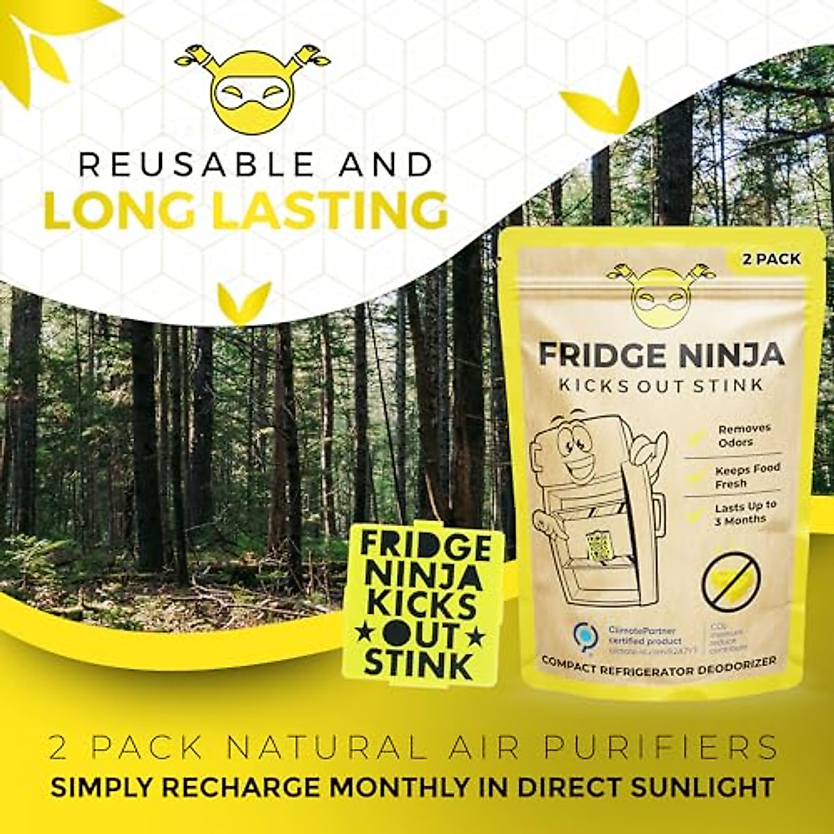 Fridge Ninja Compact Fridge Deodorizer (2 Pack) - More Effective Than Baking Soda - Compact Size Refrigerator Deodorizer Made of Activated Carbon