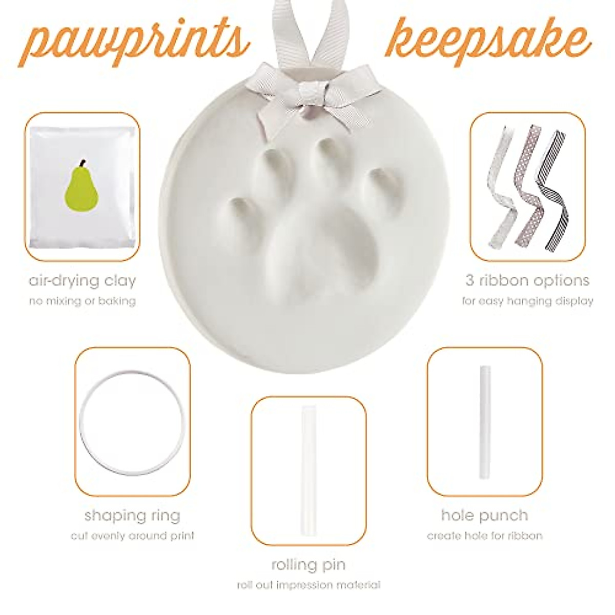 Pearhead DIY Pawprints Keepsake Kit for Dogs Or Cats, Christmas Ornament, Holiday Home Décor for Pet Lovers, Clay Paw Print Imprint, White