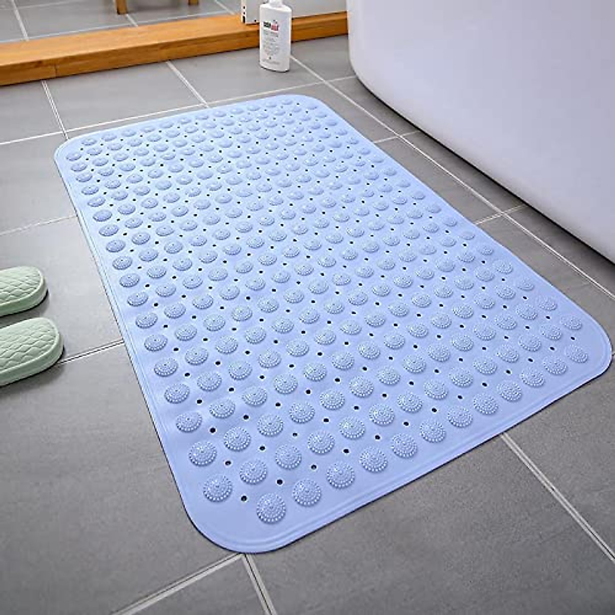 Scceatti Bathroom Rugs Quick Drying Bath Mat 32 x 16 Light Blue Bathroom Floor Mat Shower Mat Extra Large Non Slip Mat for Elderly & Kids Bathroom Drain Holes Strong Suction Cups for Bathroom Floor