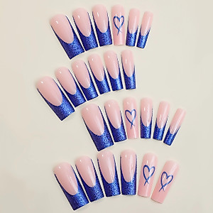 BABALAL Square Press on Nails Long Fake Nails Blue French Tip Glue on Nails Glitter Shiny Heart Design Acrylic Nails 24Pcs Squoval Manicure Artificial False Nails for Women and Girls