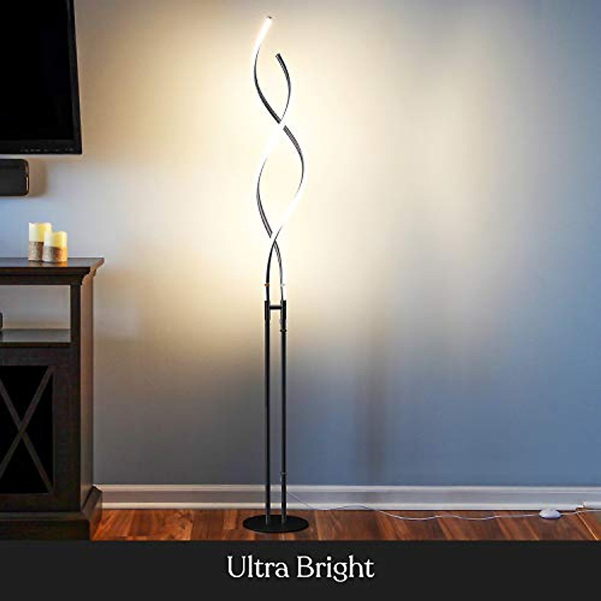 Brightech Embrace Dimmable LED Floor Lamp – Modern Spiral Adjustable Standing Lamp for Living Rooms & Offices – 2-in-1 Tall End Table Lamp for Bedroom Reading - Black