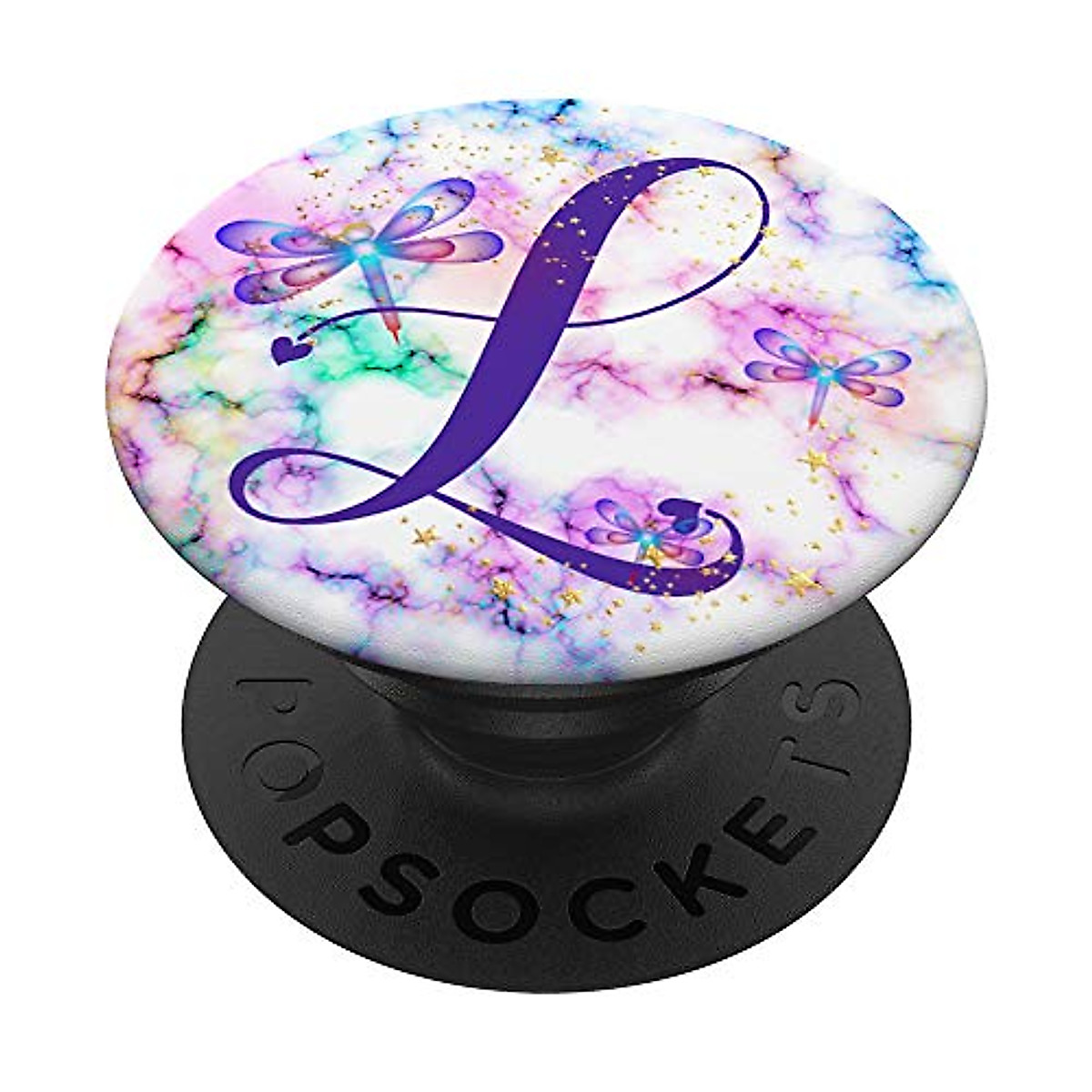 Purple Monogram Letter L Initial Rainbow Dragonfly PopSockets Swappable PopGrip