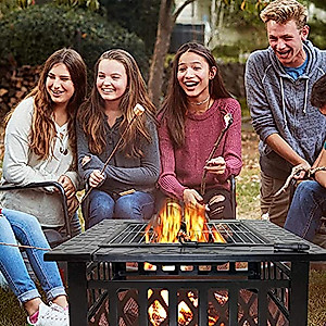 LEAYAN Garden Fire Pit Grill Bowl Grill Barbecue Rack 32 Inch Wood Burning Outdoor Fire Pit, Rectangle Metal Brazier Fireplace, Table Top Firepit Bowl with Spark Screen Poker, for Camping Bonfire