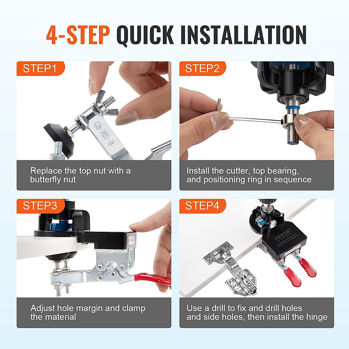 VEVOR 35 mm Concealed Door Hinge Jig, Aluminum Alloy Cabinet Hinge Jig, Accurate Locking Dual Clamp Fixation Hinge Drill Jig with Accessories, Woodworking Tool for Doors Cabinets Hinges Mounting