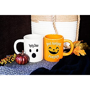Pearhead Halloween Mug Set, Good Morning Pumpkin and Hey Boo Coffee Mugs, Novelty Fall Holiday Cups, Set of 2, 13 oz