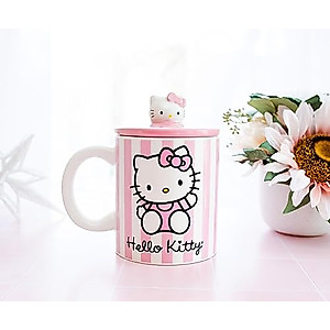 Toynk Hello Kitty Pink Stripes Ceramic Mug With Lid | Holds 18 Ounces